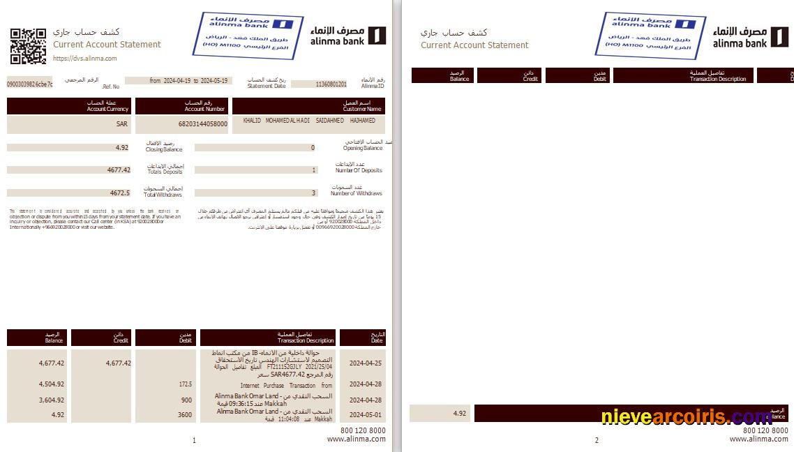 Saudi Arabia Alinma Bank Statement 3 – 6 Months Word And Pdf Example, 2 ...