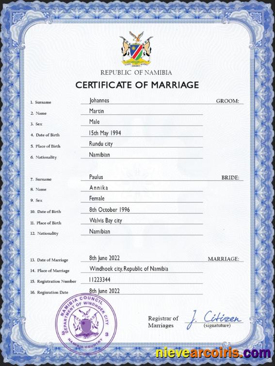 Namibia Marriage Certificate - Neveria Arcoiris