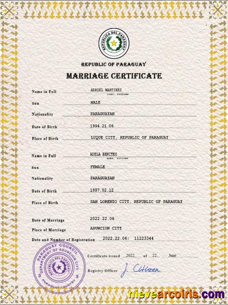 Paraguay Marriage Certificate - Neveria Arcoiris