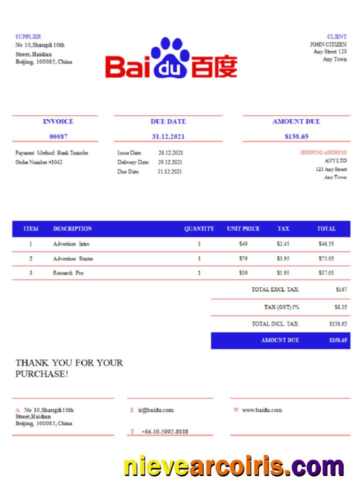 Usa Baidu Invoice - Neveria Arcoiris