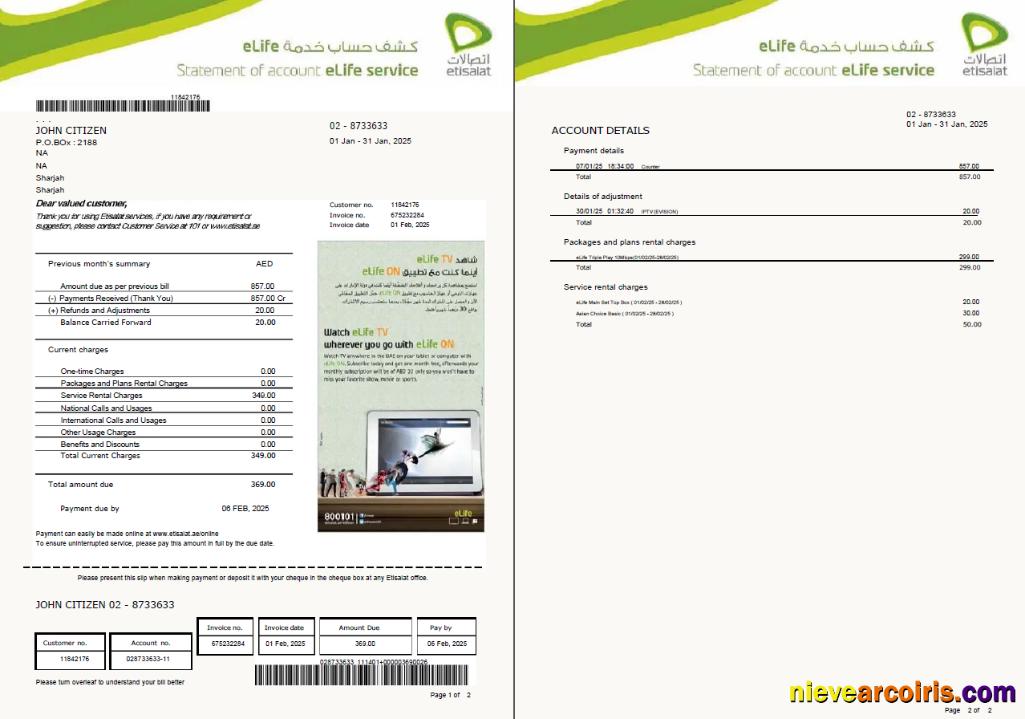 Uae Etisalat Utility Bill, 2 Pages, Version 2 - Neveria Arcoiris